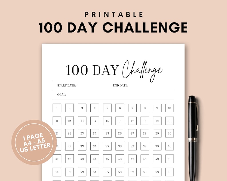 Printable 100 Day Habit Tracker, 100 Days Challenge, Minimal Habit ...