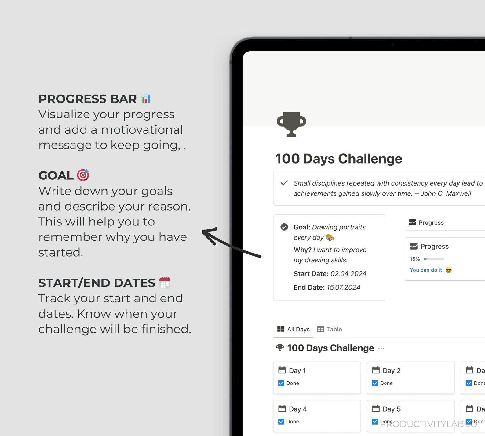 100 Days Challenge Notion Template, Minimalistic Habit Tracker ...