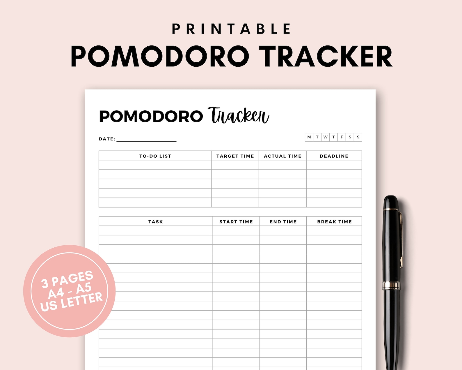 Printable Pomodoro Tracker, Pomodoro Technique Planner, Project Planner ...