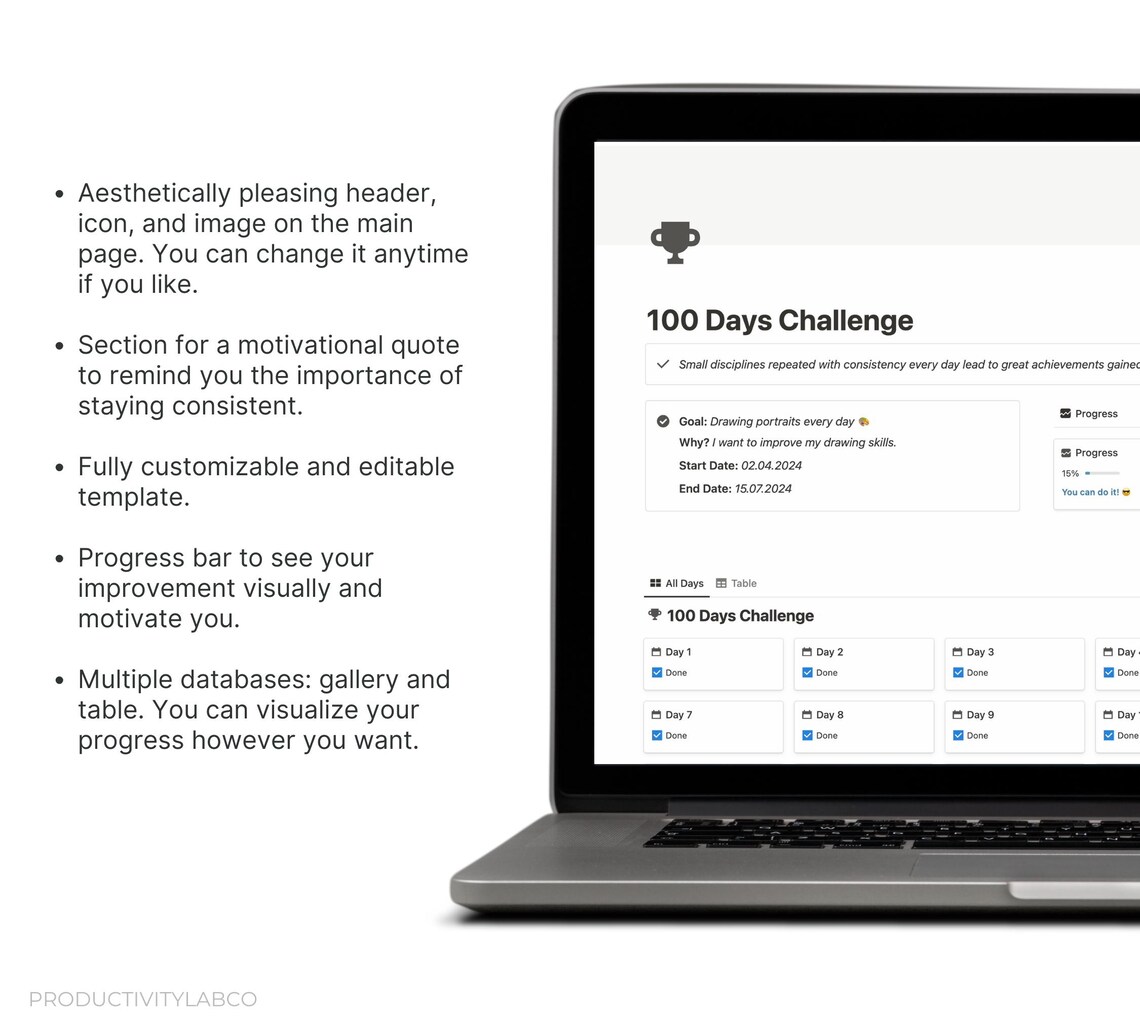 100 Days Challenge Notion Template, Minimalistic Habit Tracker ...