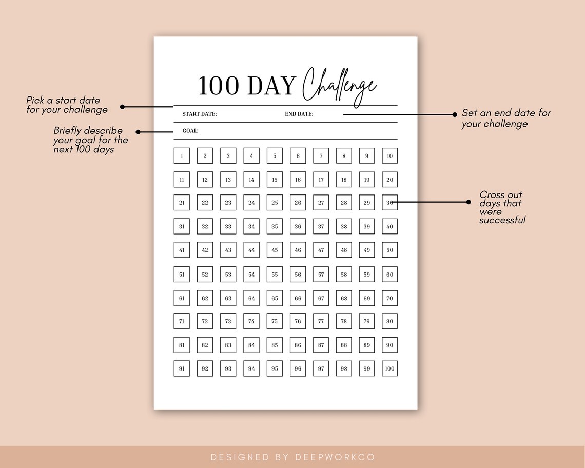 Printable 100 Day Habit Tracker, 100 Days Challenge, Minimal Habit ...