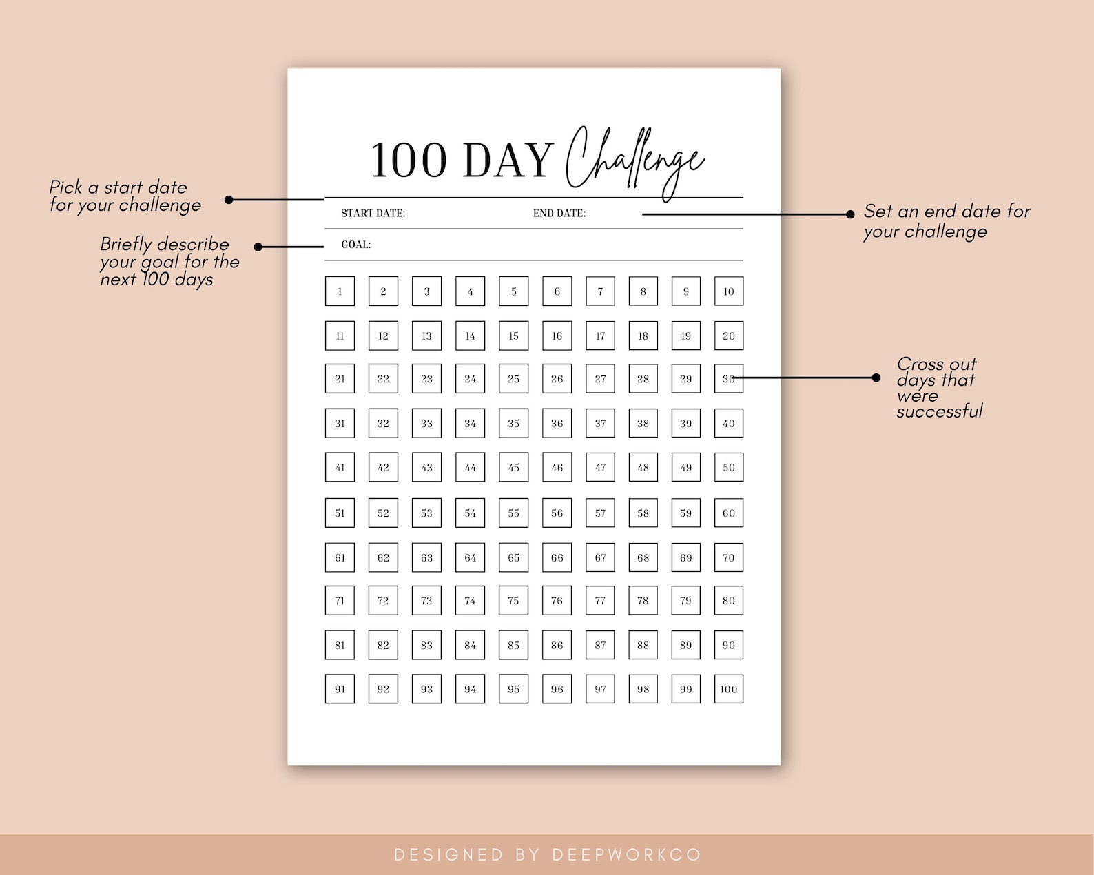 Printable 100 Day Habit Tracker, 100 Days Challenge, Minimal Habit ...