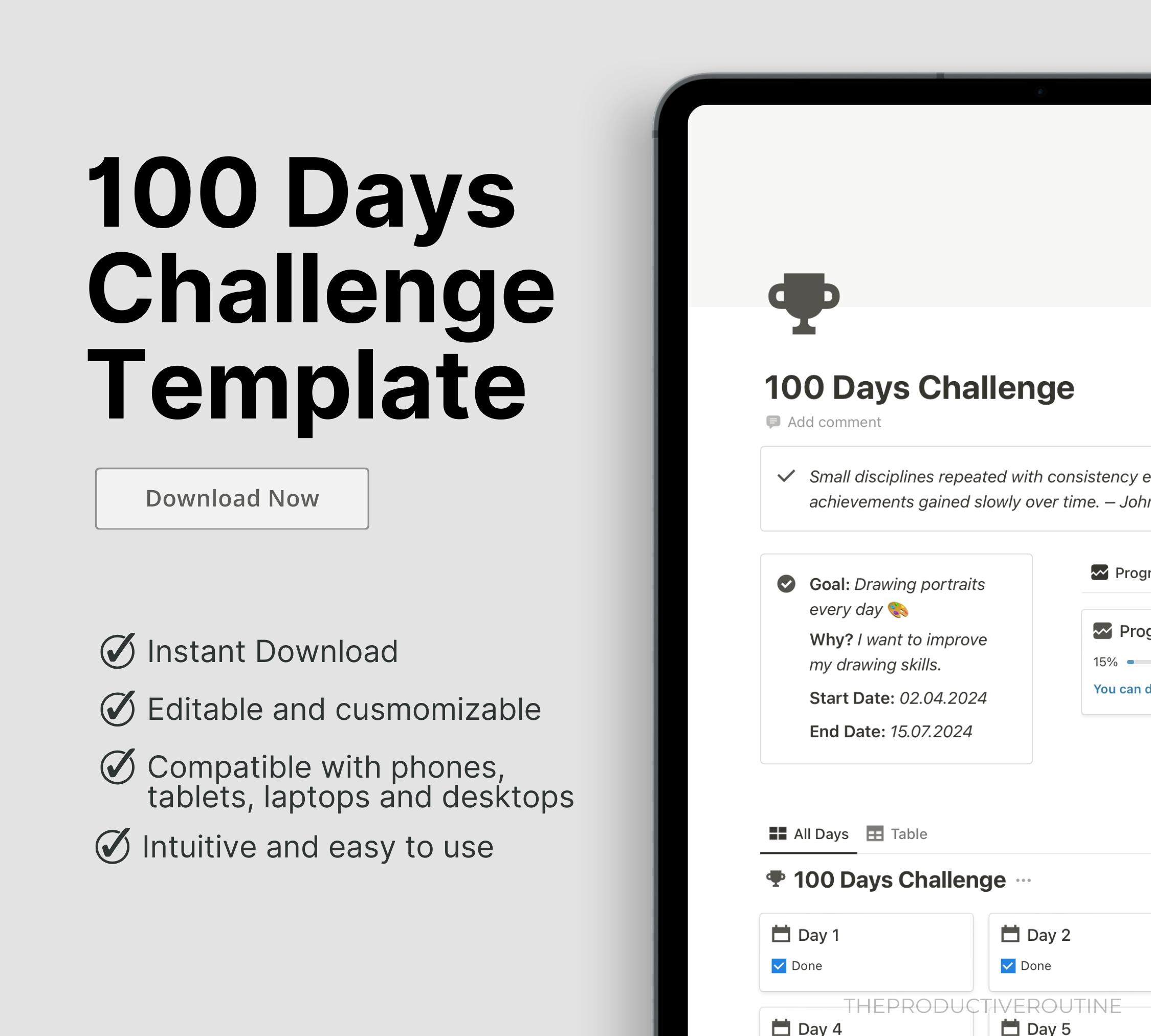 100 Days Challenge Notion Template, Minimalistic Habit Tracker ...