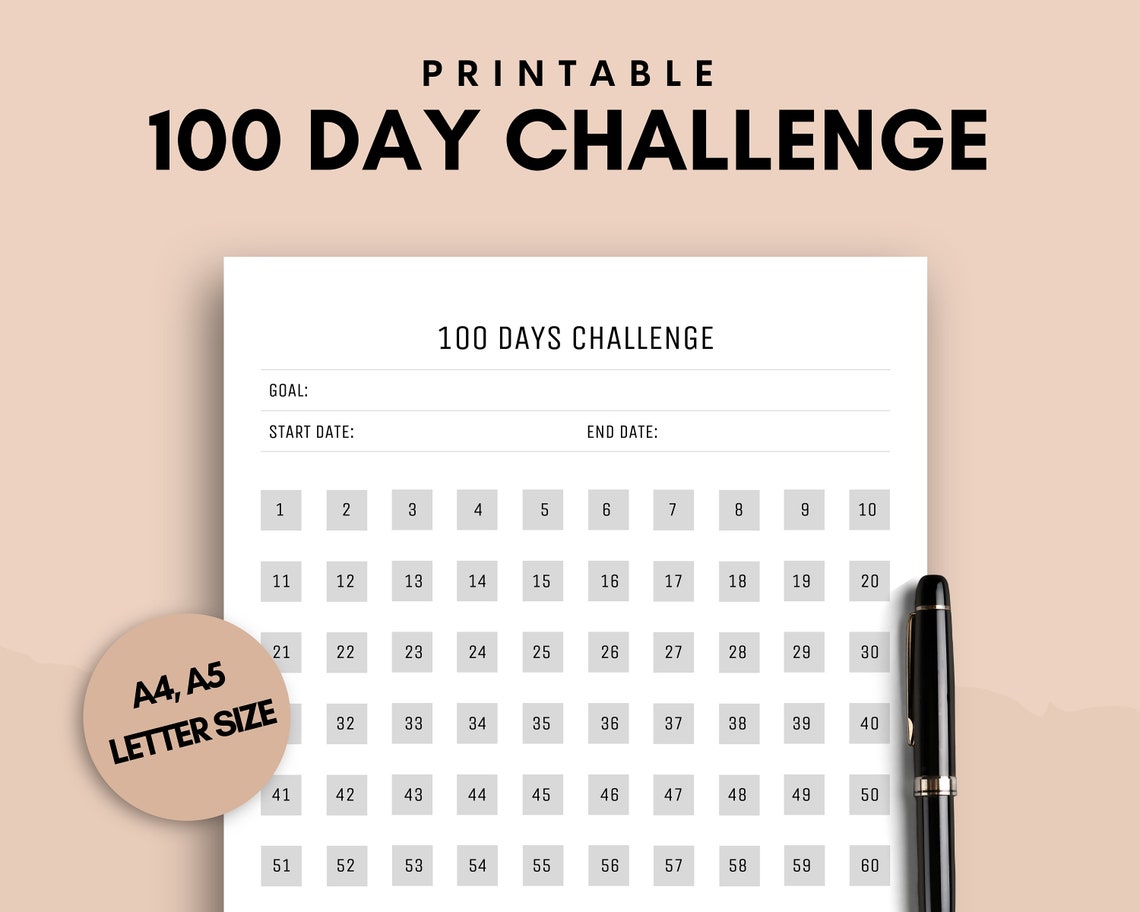 100 Day Habit Tracker Printable, 100 Day Challenge, Minimal Habit ...
