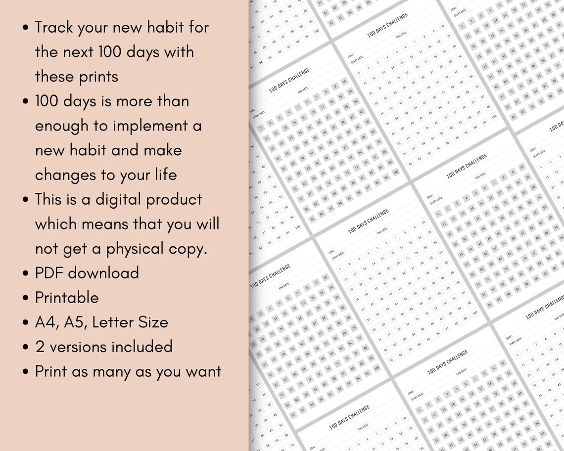 100 Day Habit Tracker Printable, 100 Day Challenge, Minimal Habit ...