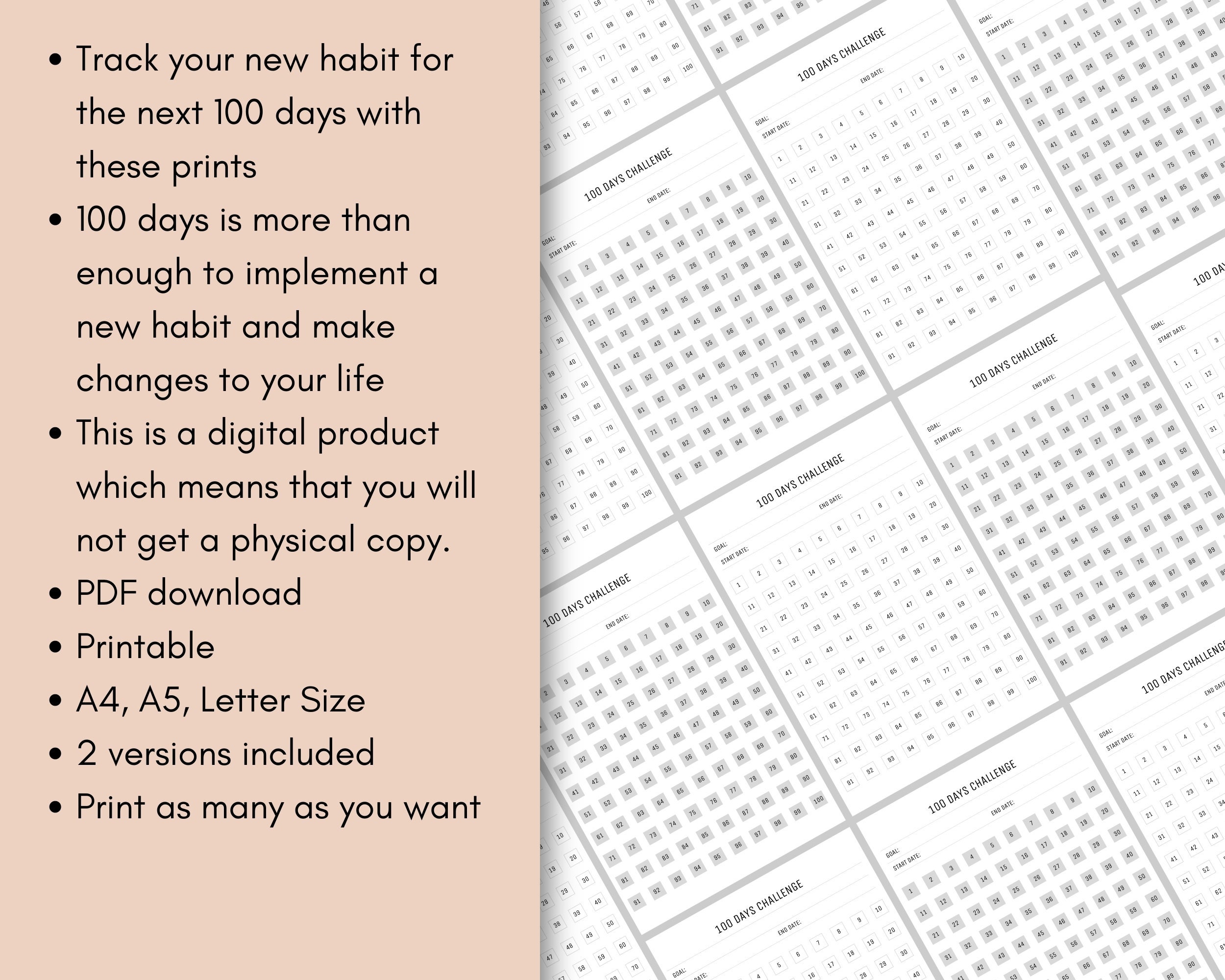 100 Day Habit Tracker Printable, 100 Day Challenge, Minimal Habit ...