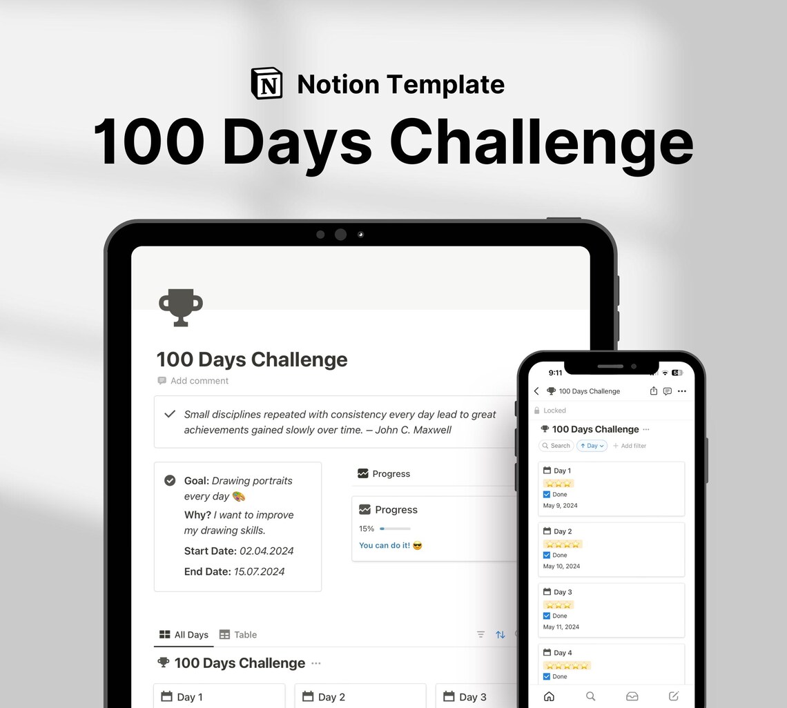 100 Days Challenge Notion Template, Minimalistic Habit Tracker ...