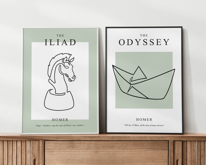 Iliad and Odyssey Print Set, Homer Quote Line Art, Greek Mythology Wall ...