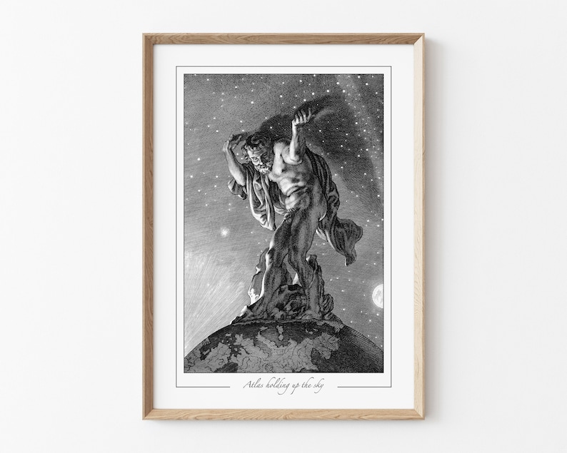 Atlas Holding Sky Print, Greek Mythology Wall Decor, Vintage Engraving ...
