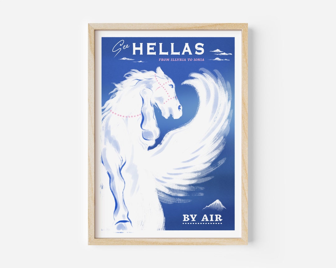 Hellas Travel Poster, Greek Mythology Print, Pegasus Painting, Ancient ...