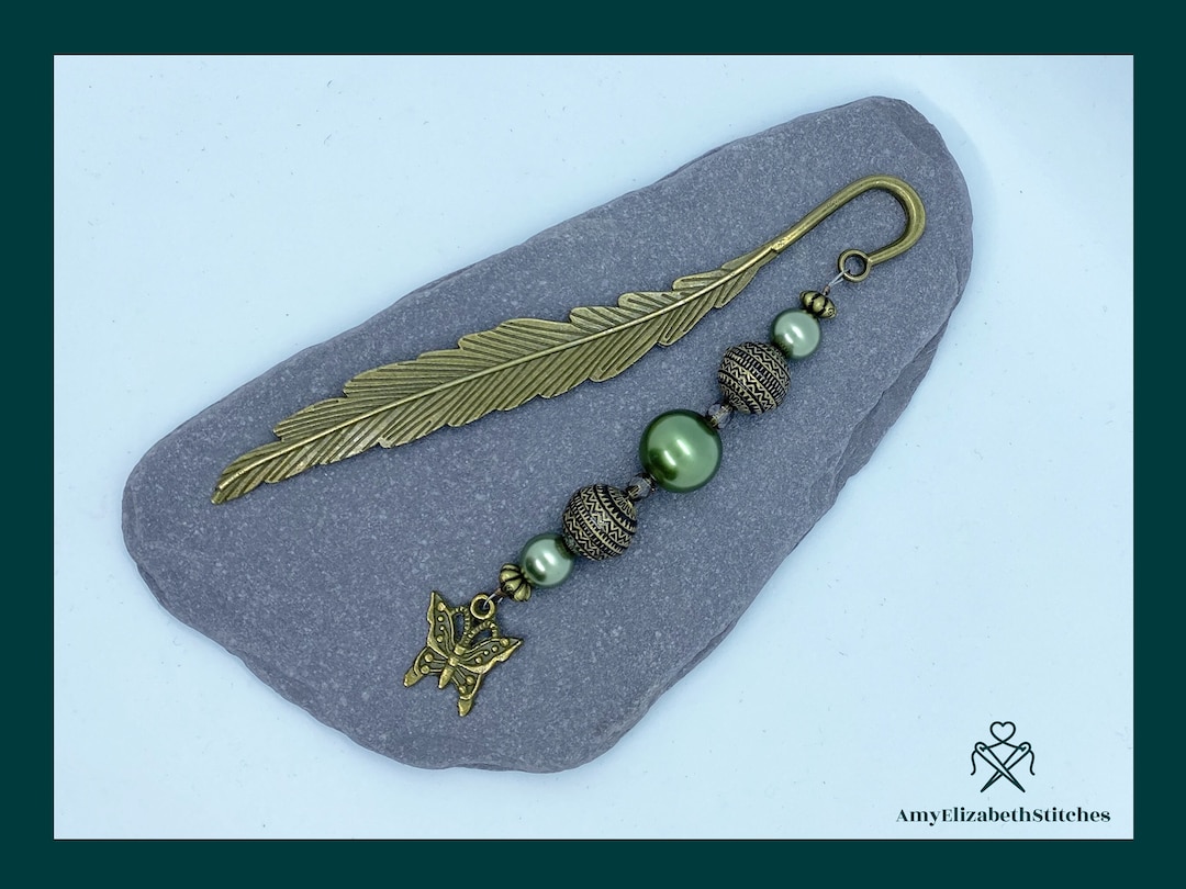 Bronze Feather Green Beaded Metal Bookmark With Butterfly Charm - Etsy