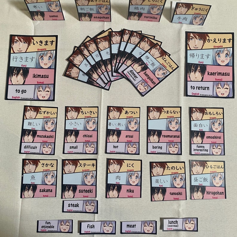 Japanese Vocabulary Cards With Anime Characters and Authentic Japanese ...