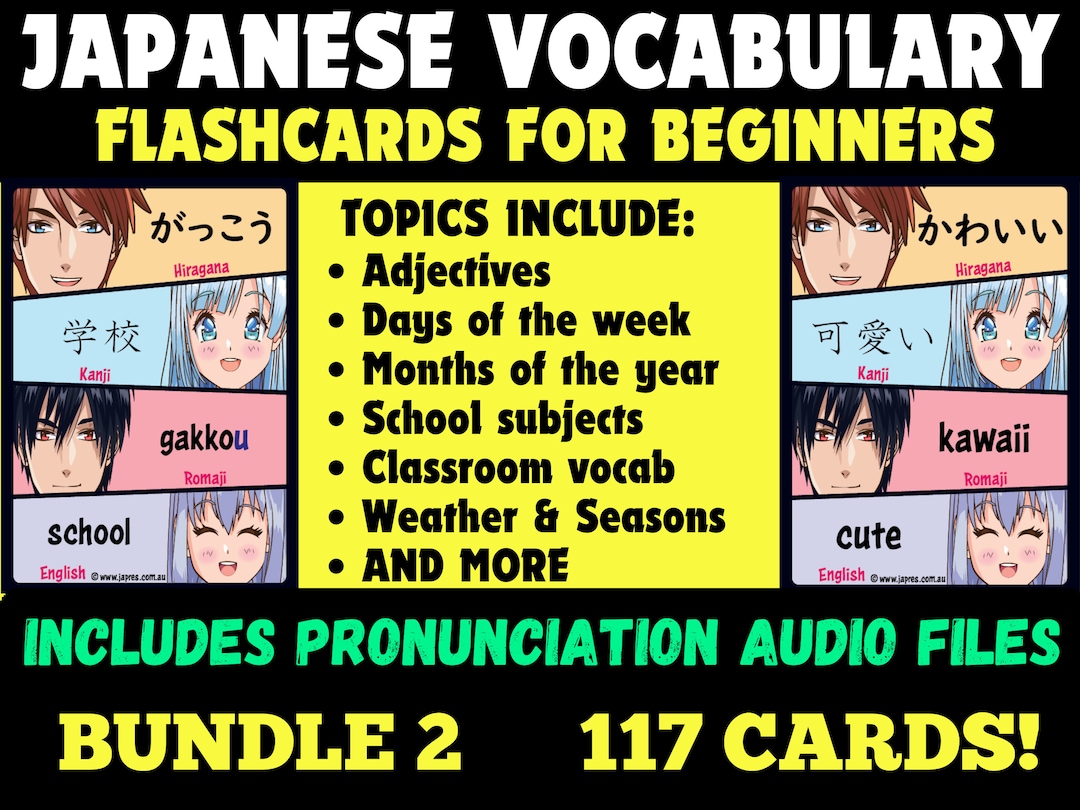 Japanese Vocabulary Cards With Anime Characters and Authentic Japanese ...
