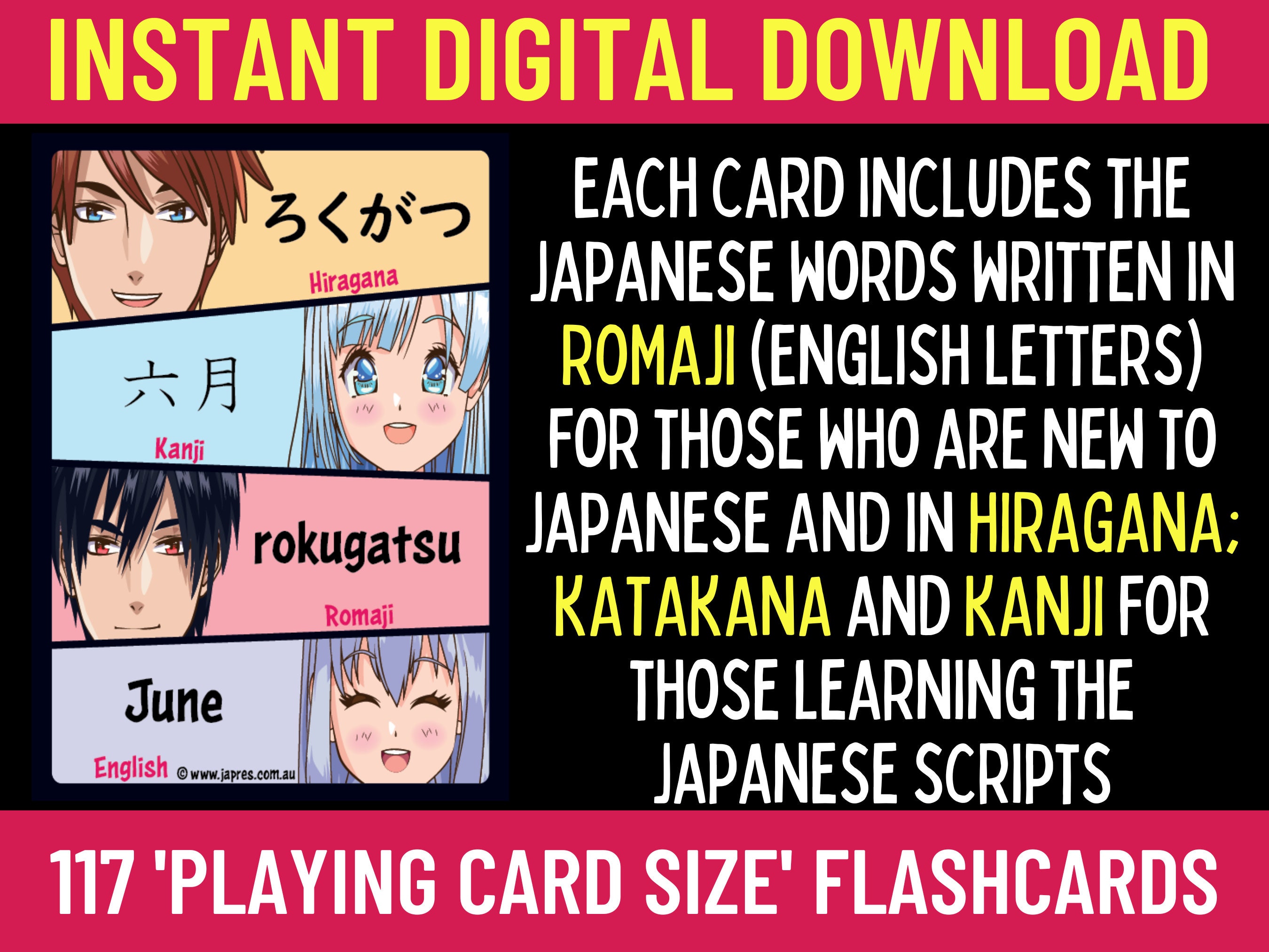 Japanese Vocabulary Cards With Anime Characters and Authentic Japanese ...
