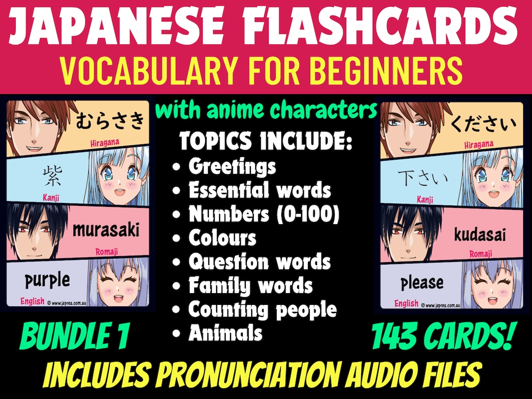Japanese Vocabulary Cards With Anime Characters and Authentic Japanese ...