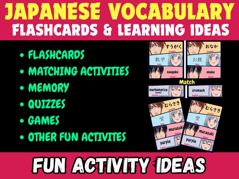 Japanese Vocabulary Cards With Anime Characters and Authentic Japanese ...