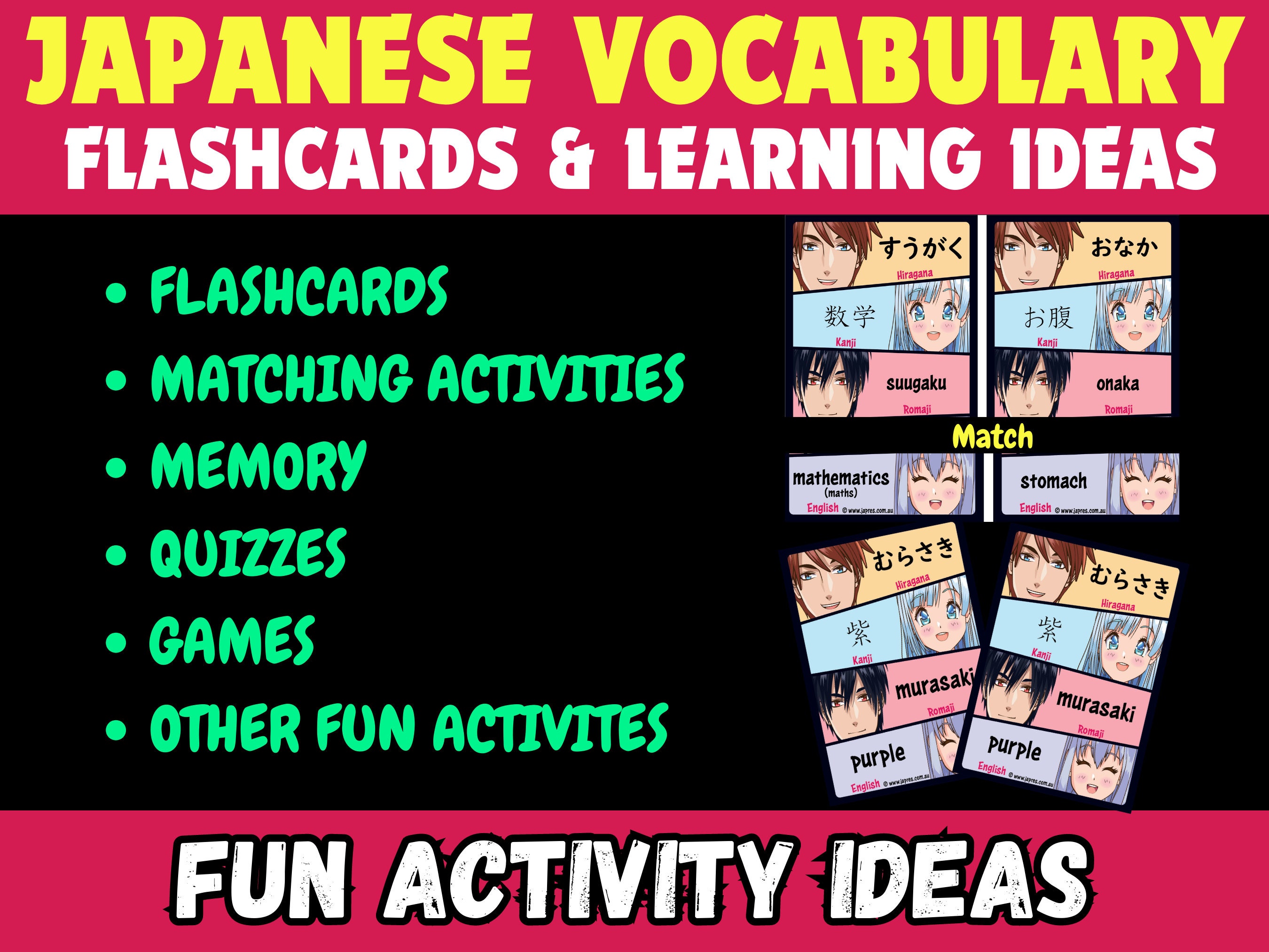 Japanese Vocabulary Cards With Anime Characters and Authentic Japanese ...