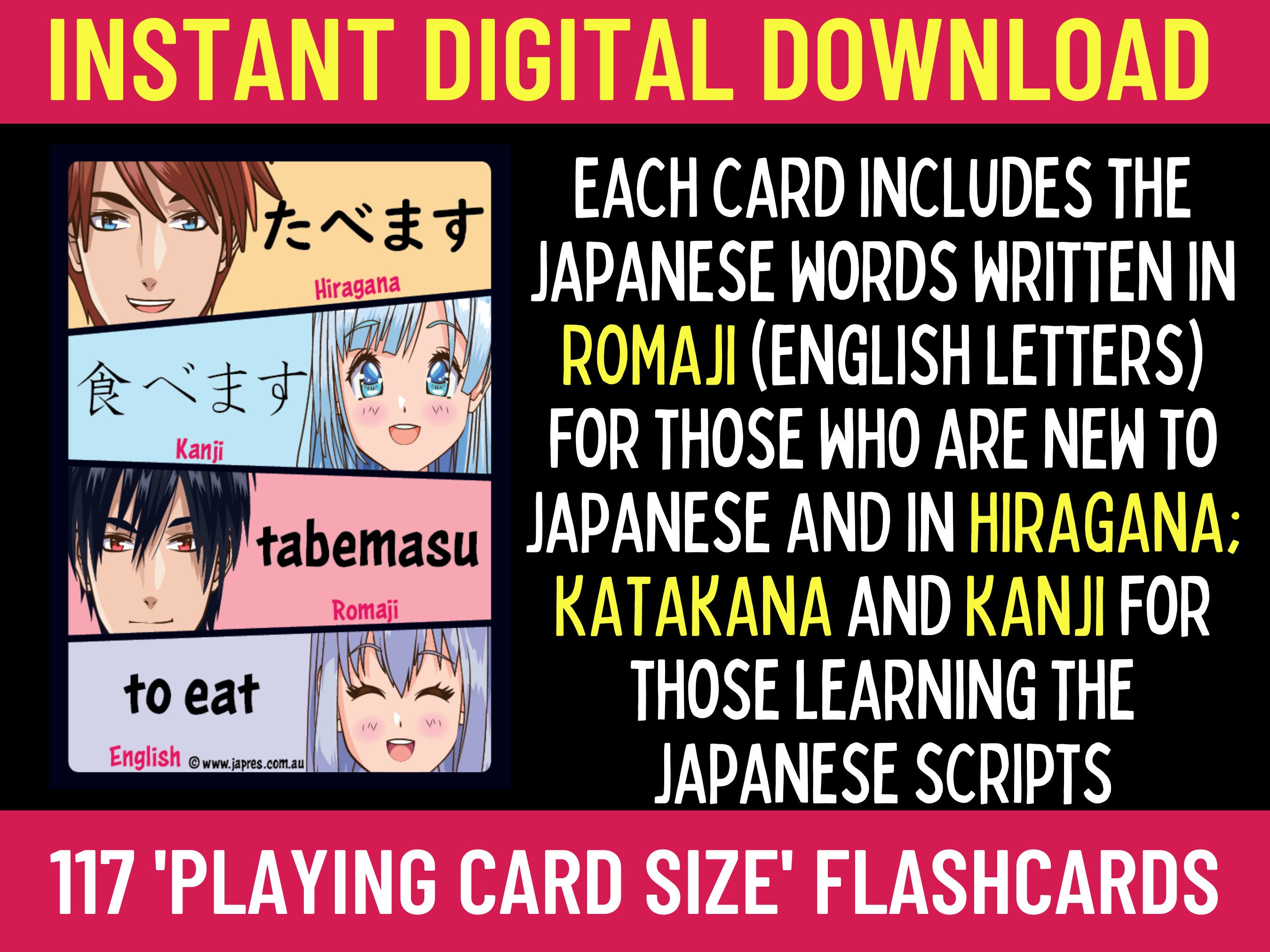 Japanese Vocabulary Cards With Anime Characters and Authentic Japanese ...