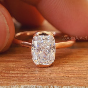 Elongated Crushed Ice Cushion Cut Engagement Ring, Half Bezel Set Ring ...