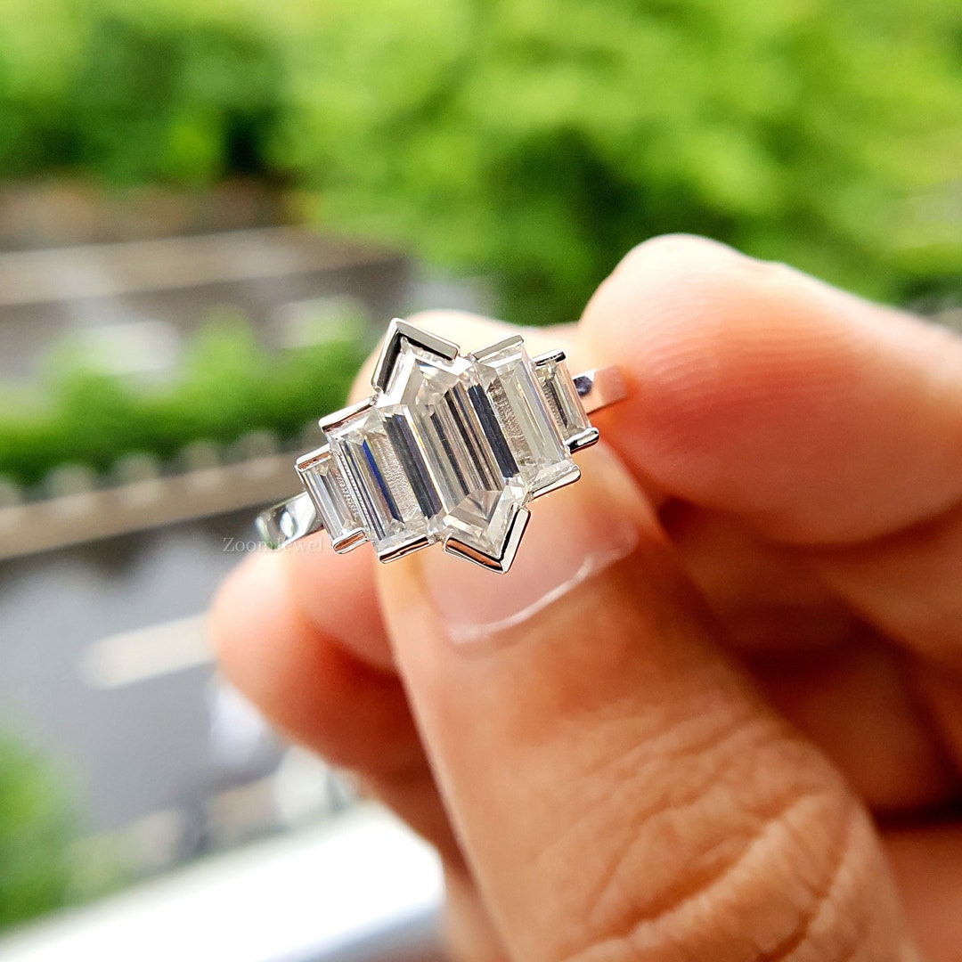 Unique Elongated Hexagon Ring Bezel Set Moissanite Ring Antique Hexagon ...
