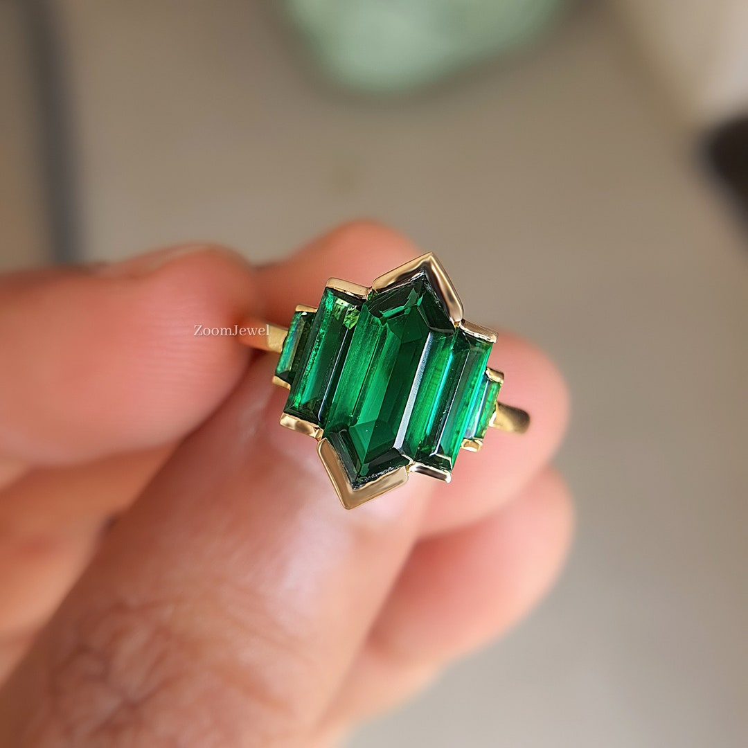 Elongated Hexagon Cut Emerald Ring| 5 Stone Emerald Ring| Baguette ...