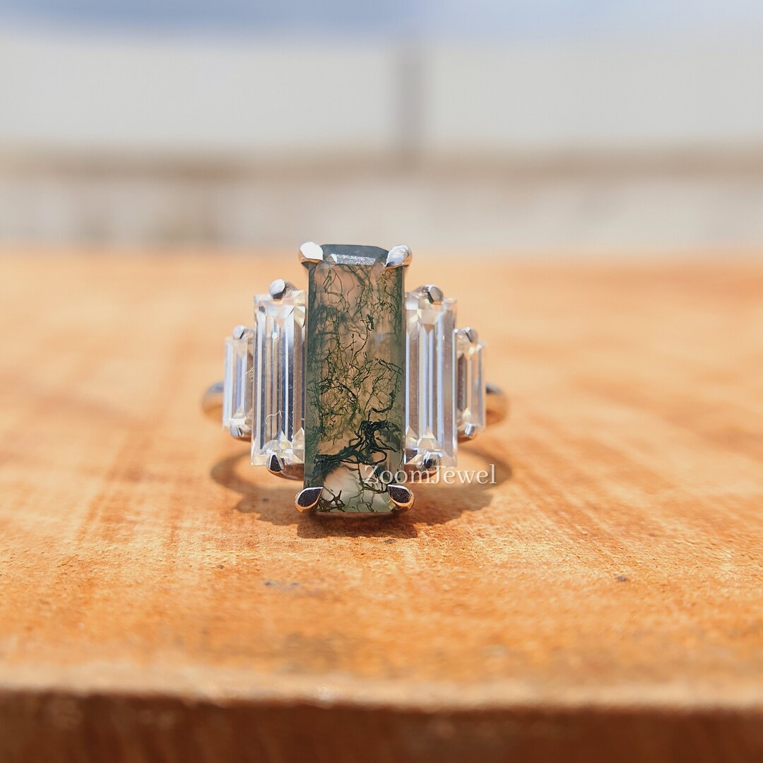 Moss Agate Diamond Engagement Ring, Emerald Cut Moss Agate Ring ...