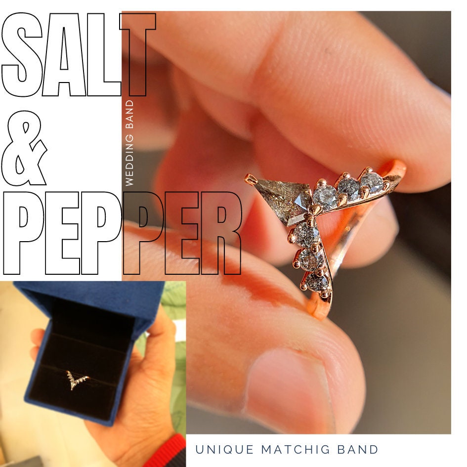 V Shape Matching Band| Salt and Pepper Wedding Band| Engagement Ring ...