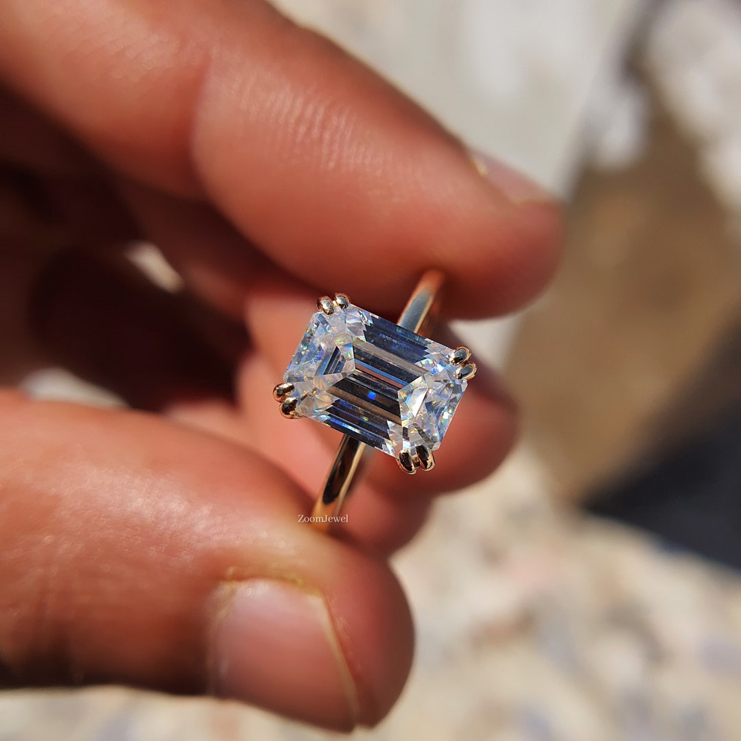 Single Stone Ring, Emerald Cut Solitaire Engagement Ring, Elongated Cut ...