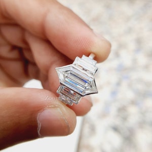 Hexagon Cut 5 Stone Moissanite Ring Antique Baguette Step Cut Engagement Ring 14k Solid White ...
