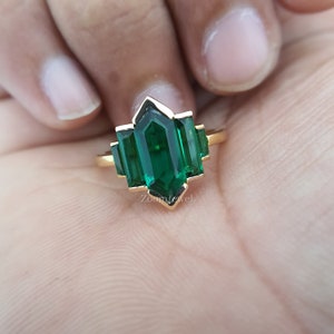Elongated Hexagon Cut Emerald Ring 5 Stone Emerald Ring - Etsy