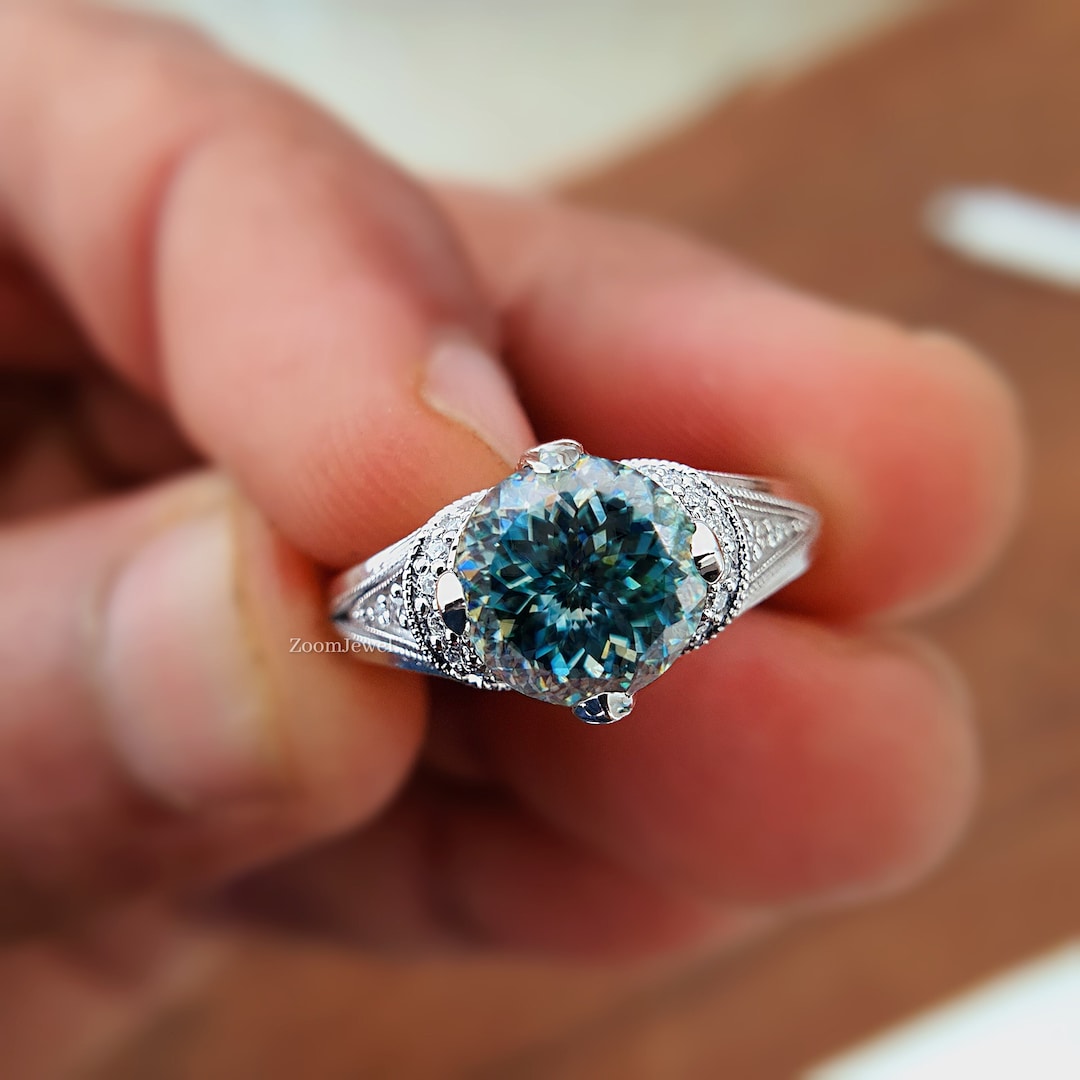 Vintage Blue Portuguese Cut Diamond Engagement Ring, 14k White Gold ...