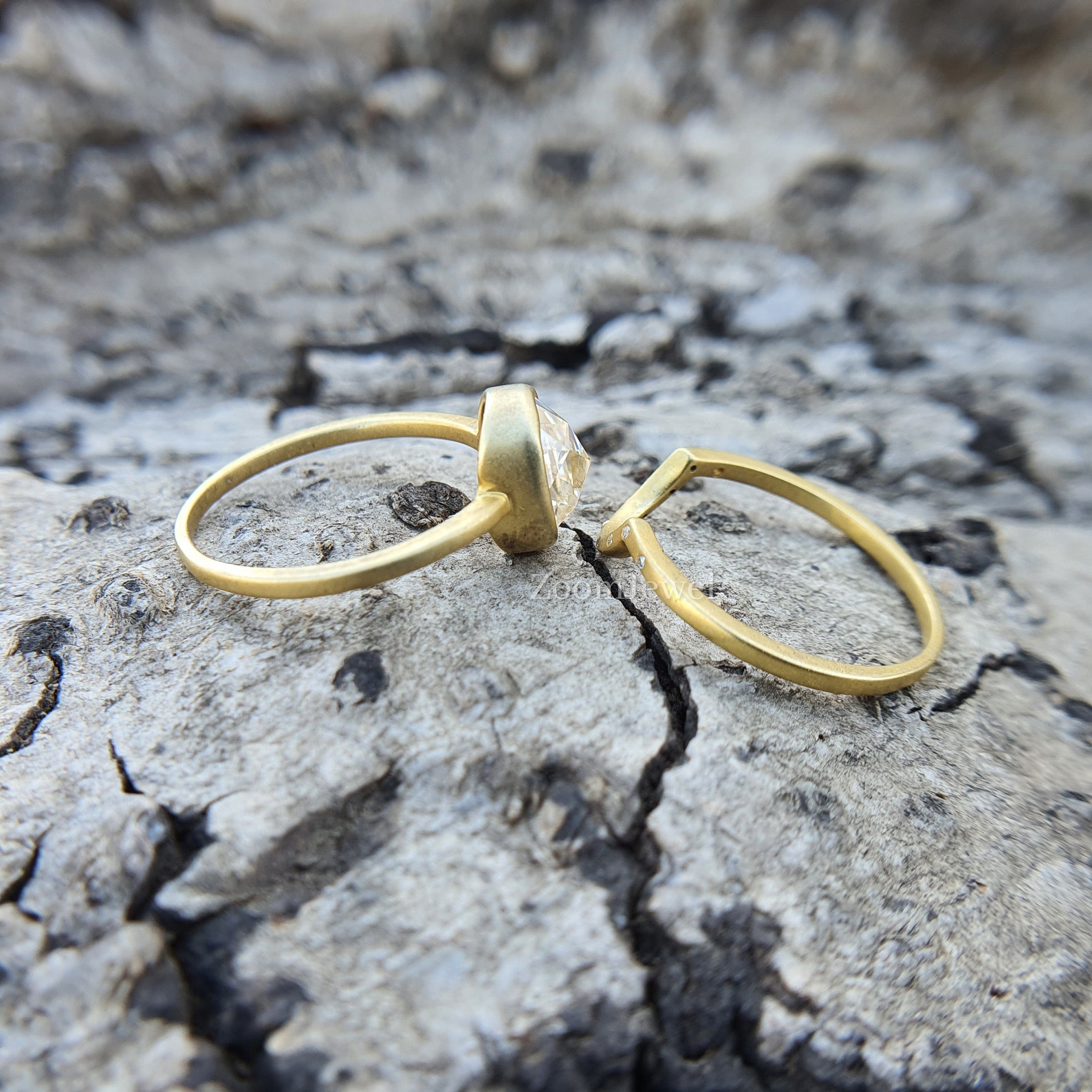 Brushed Finish Ring| Unique Cushion Moissanite Ring Set| Handmade Bezel ...