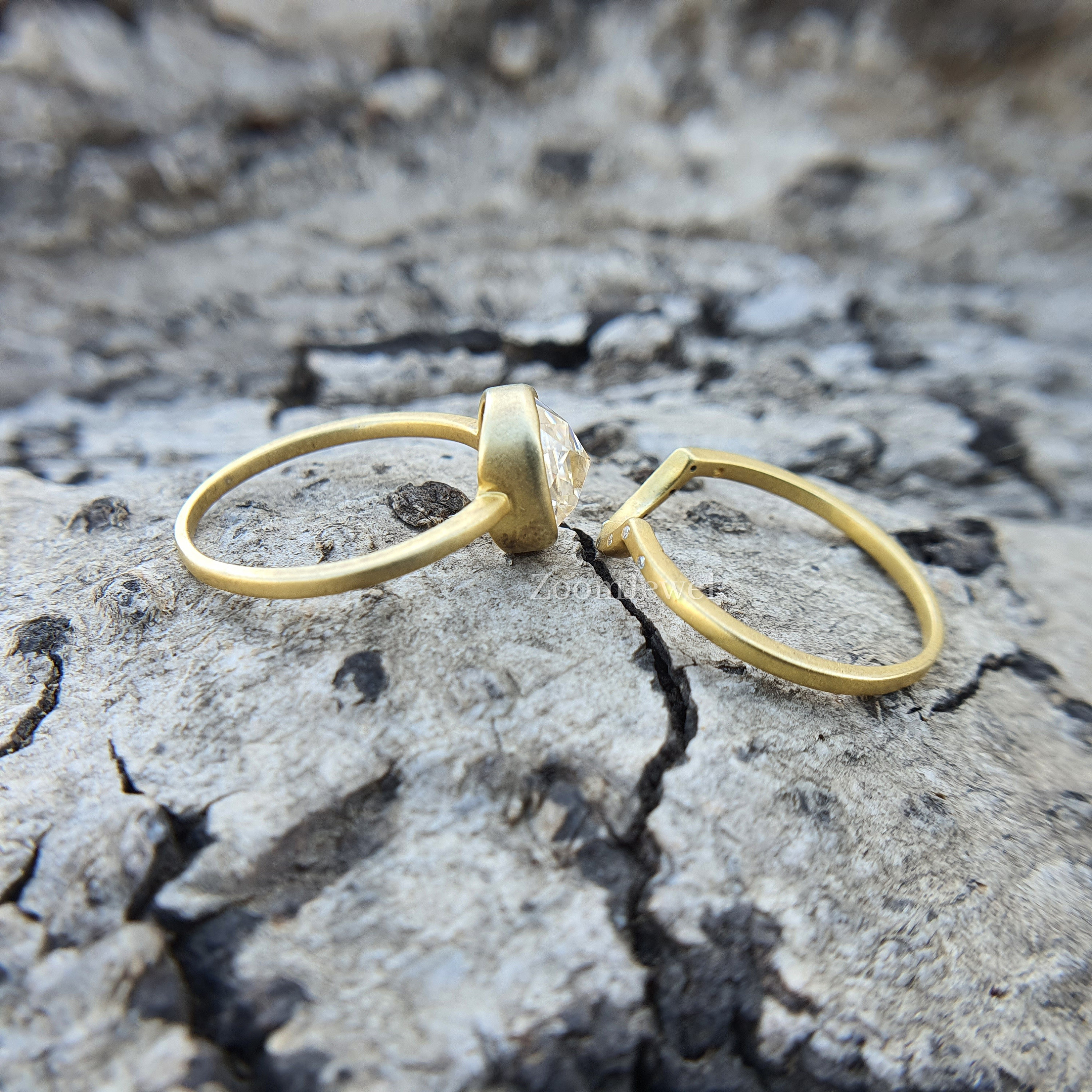 Brushed Finish Ring| Unique Cushion Moissanite Ring Set| Handmade Bezel ...