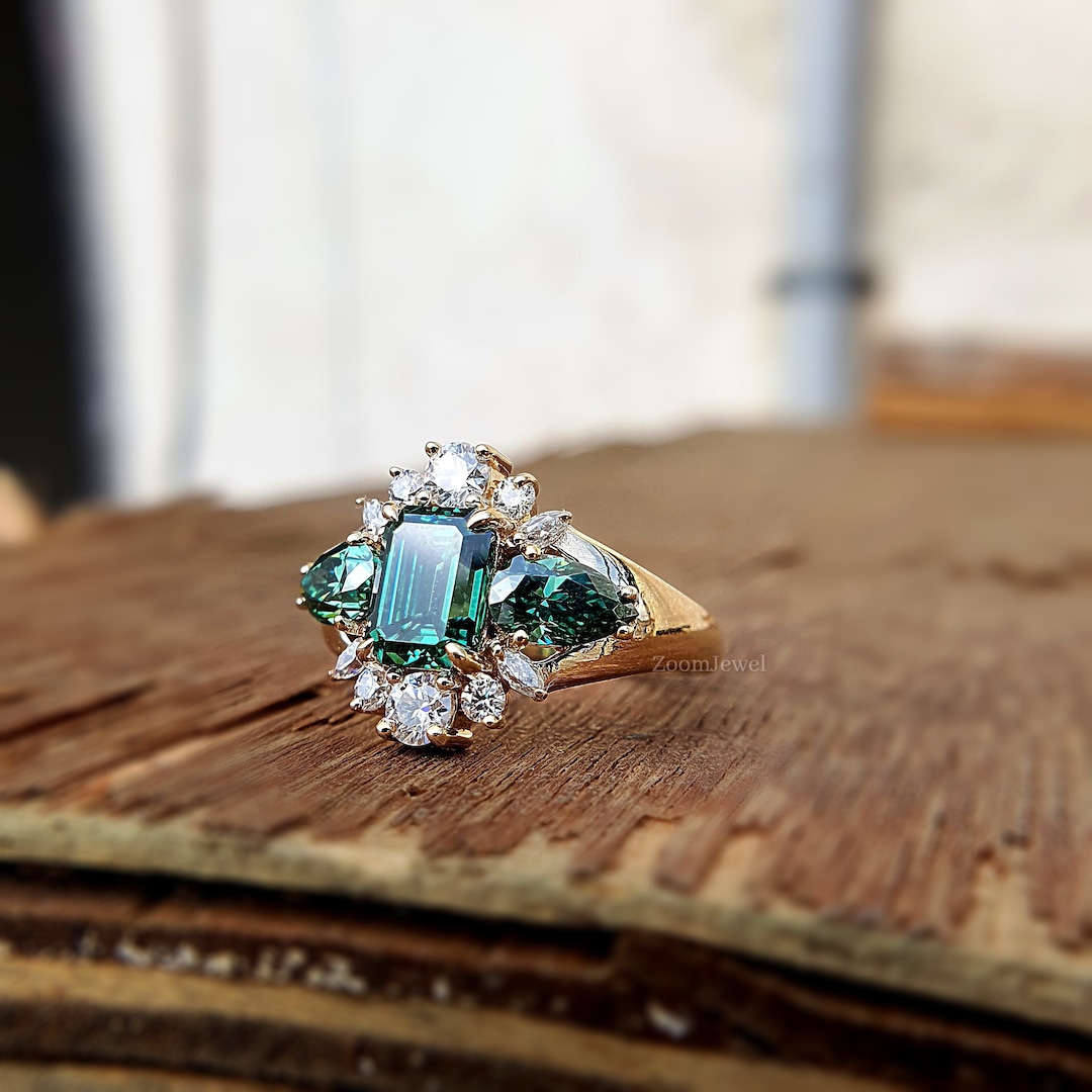 Antique Blue Green Emerald Cut Moissanite Engagement Ring| Art Deco ...