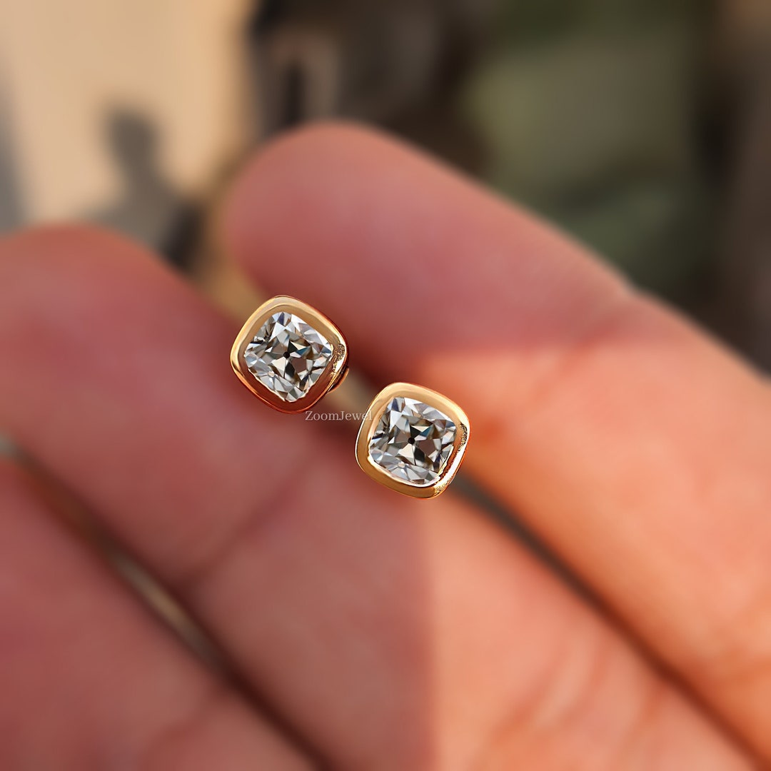14k Gold Bezel Stud Earring/ Bezel Set Earring Studs/ Genuine Diamond ...