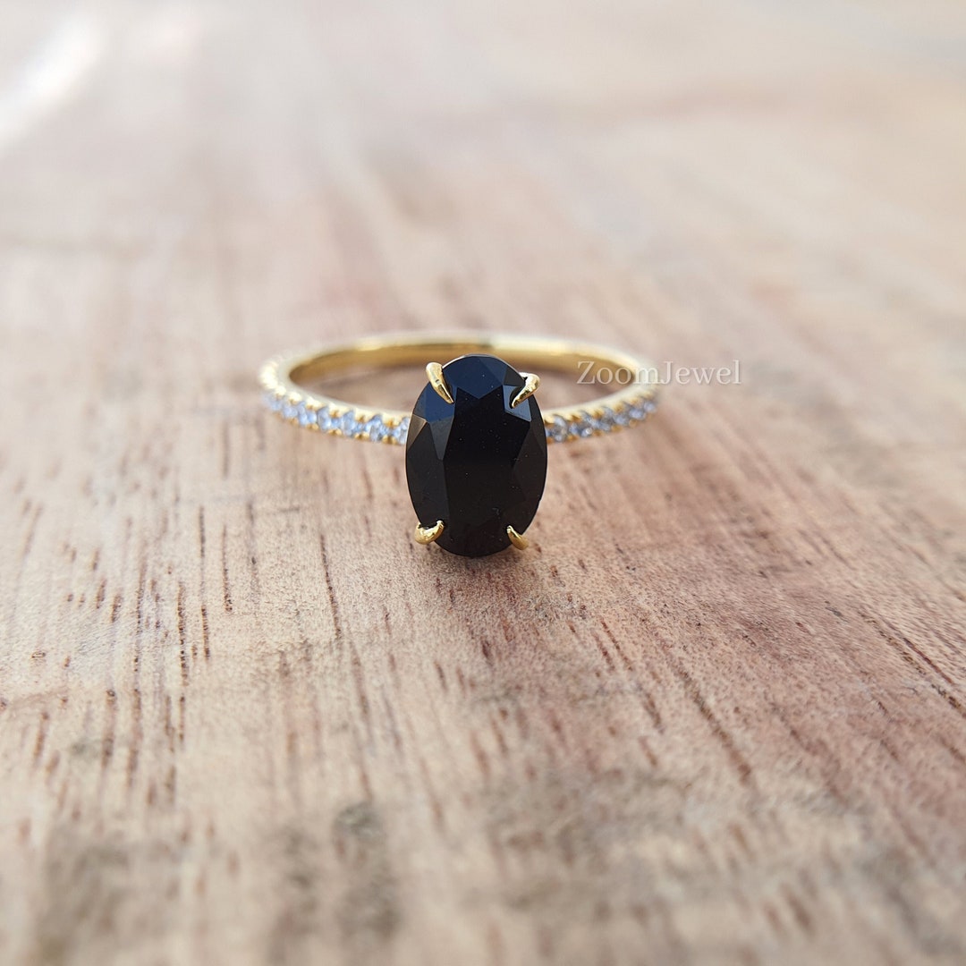 Black Oval Onyx Ring| Oval Cut Black Diamond Ring| 3/4 Eternity Wedding Band Ring| Solitaire ...