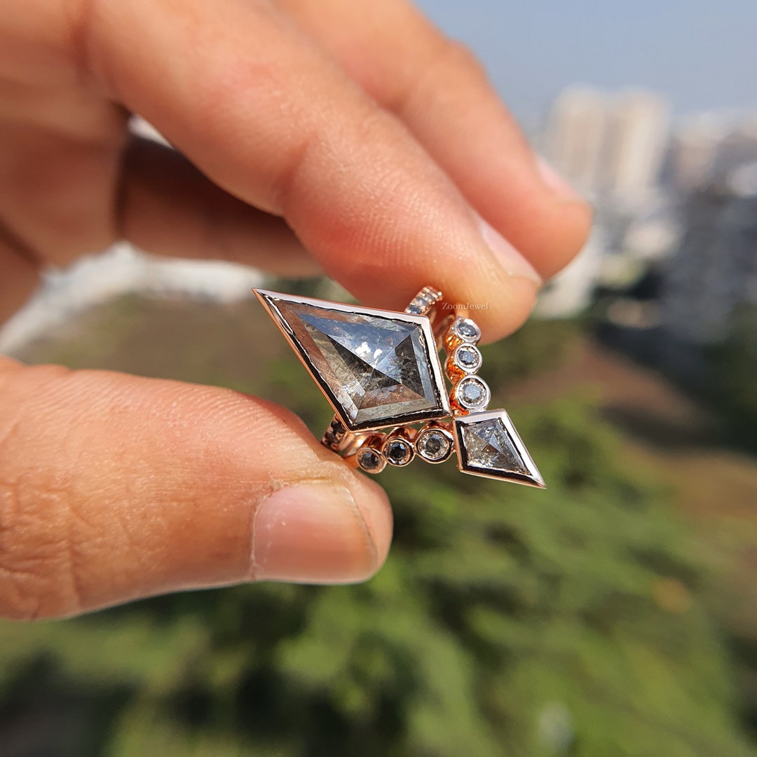 Vintage Kite Salt and Pepper Ring Set| Bezel Wedding Ring Set| Rose ...