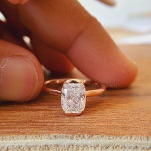Elongated Crushed Ice Cushion Cut Engagement Ring, Half Bezel Set Ring ...
