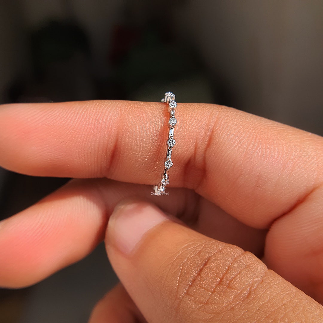 Colorless Moissanite Wedding Band for Women, Minimalist Band, 14k SOLID White Gold Eternity Pave ...