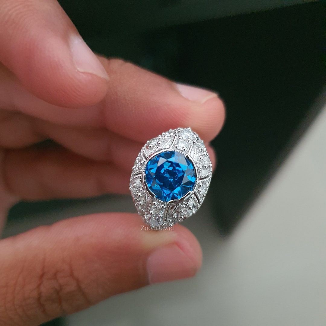 London Blue Topaz Ring, Art Deco Engagement Ring, Blue Stone Solitaire ...