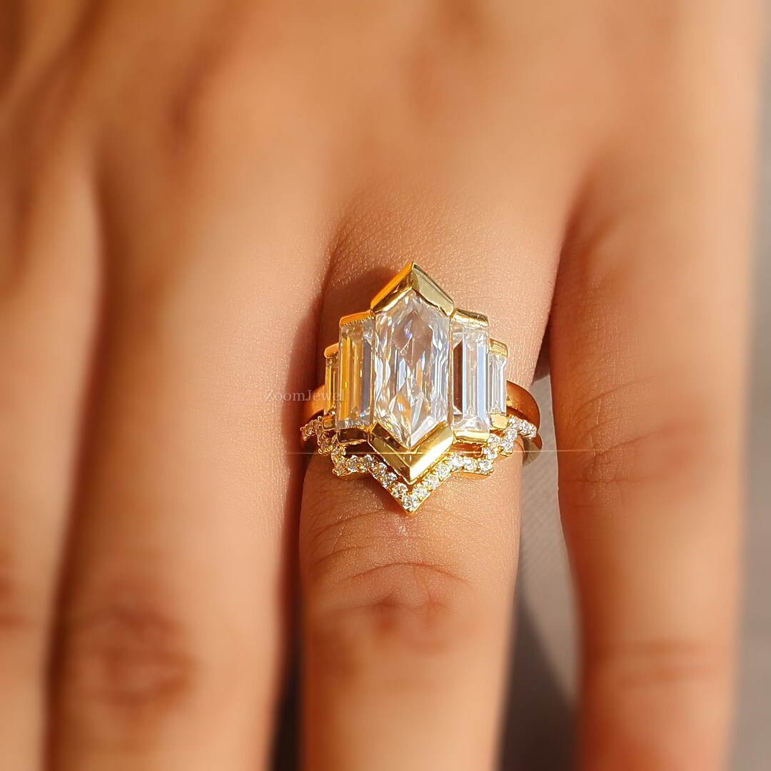 Hexagon Moissanite Engagement Ring Set Unique Matching Wedding Band Set Modern His and Hers ...