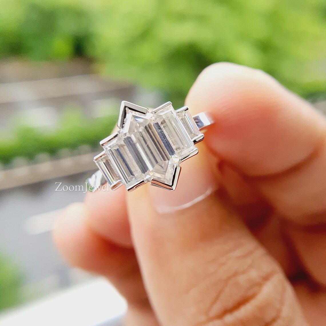 Unique Elongated Hexagon Ring Bezel Set Moissanite Ring | Etsy
