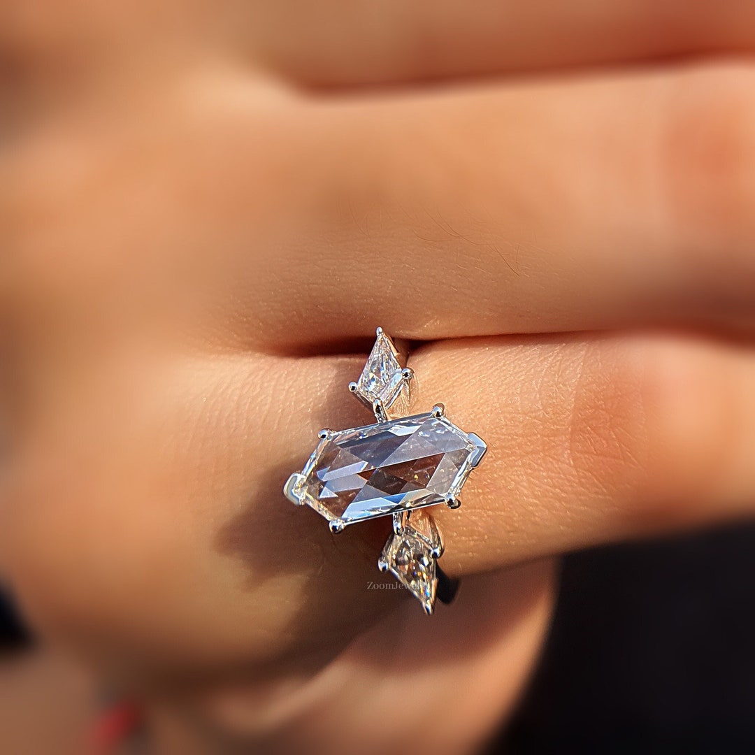 Elongated Hexagon Ring, Kite Engagement Ring, Hexagon Moissanite 3 ...
