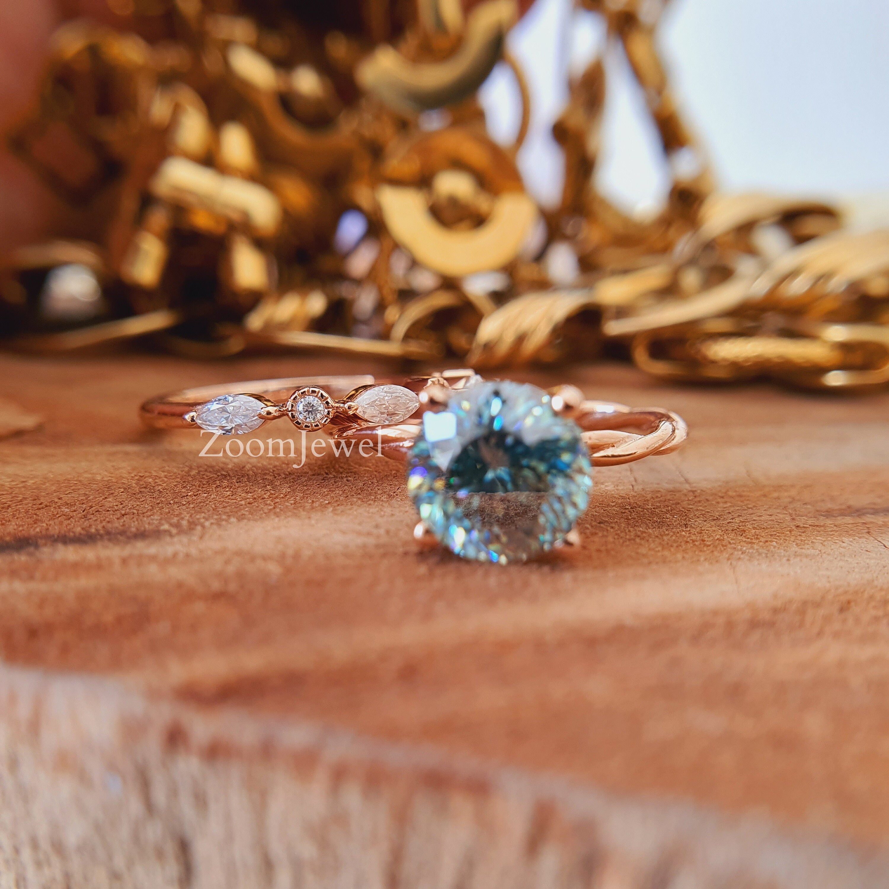 Portuguese Cut Bridal Ring Set for Her, Dainty Green Color Moissanite ...