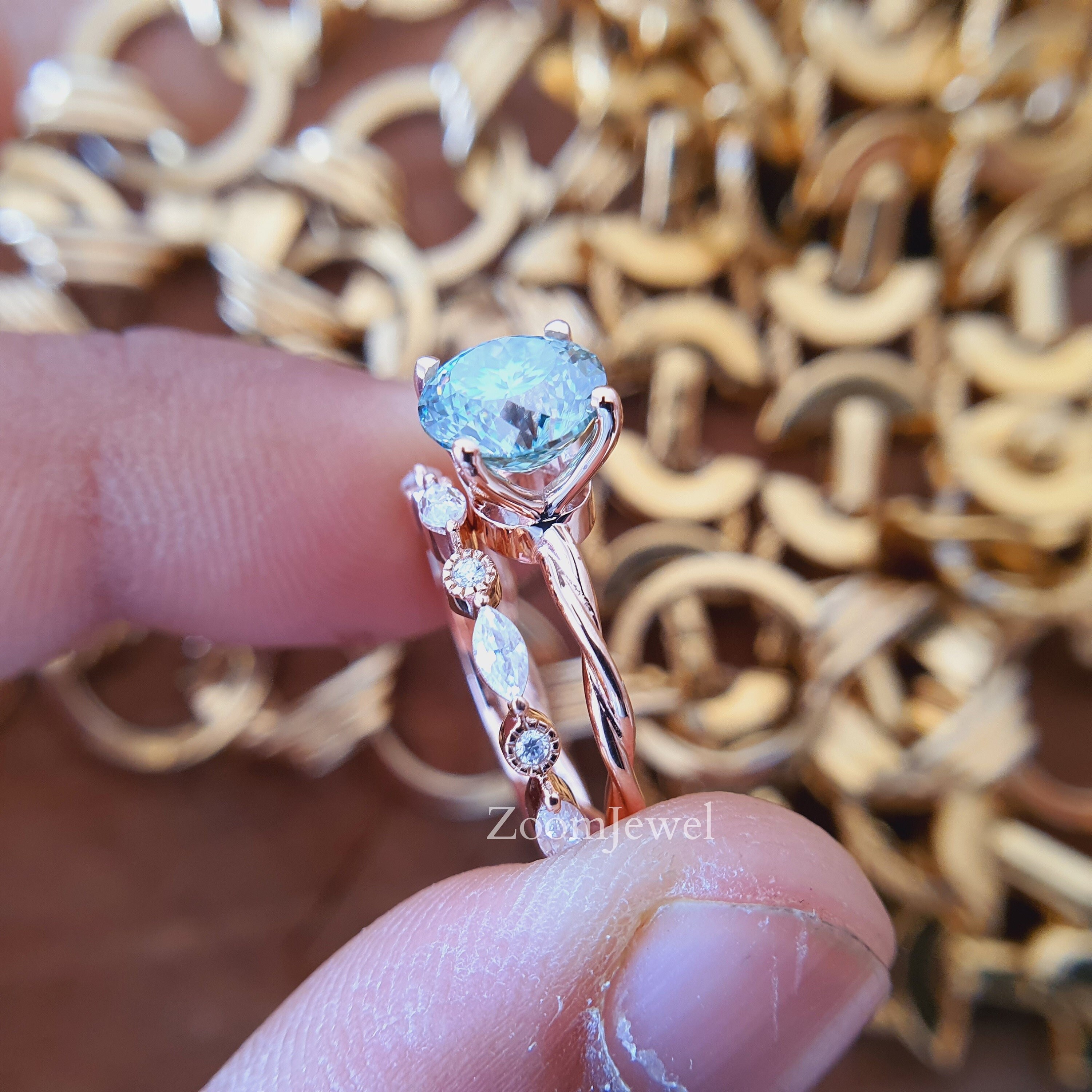 Portuguese Cut Bridal Ring Set for Her, Dainty Green Color Moissanite ...