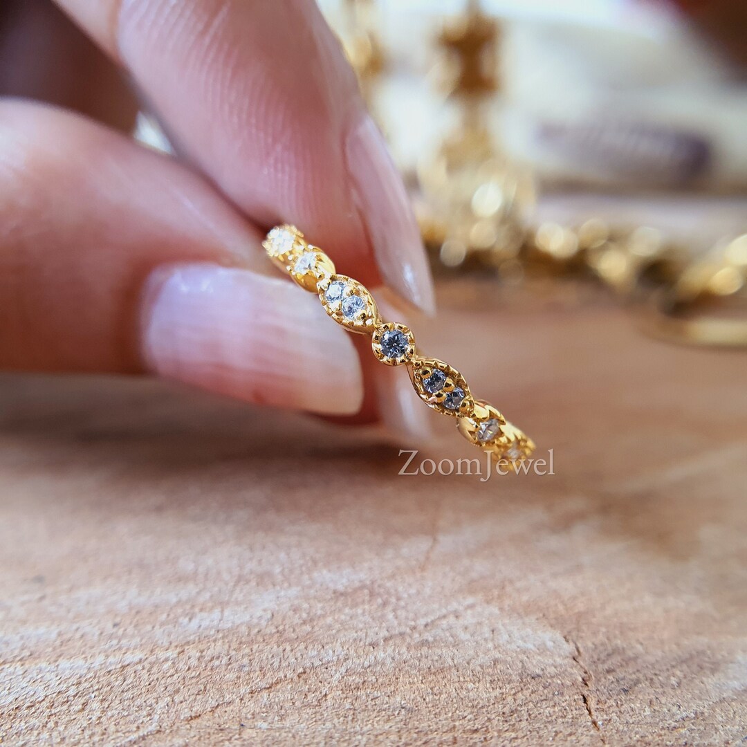 Marquise Shape Solid Gold Art Deco Band, Half Eternity Ring, Vintage Unique Diamond Band ...