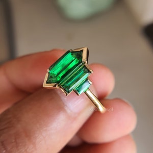 Elongated Hexagon Cut Emerald Ring 5 Stone Emerald Ring - Etsy