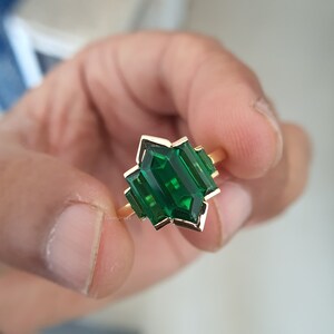 Elongated Hexagon Cut Emerald Ring 5 Stone Emerald Ring - Etsy