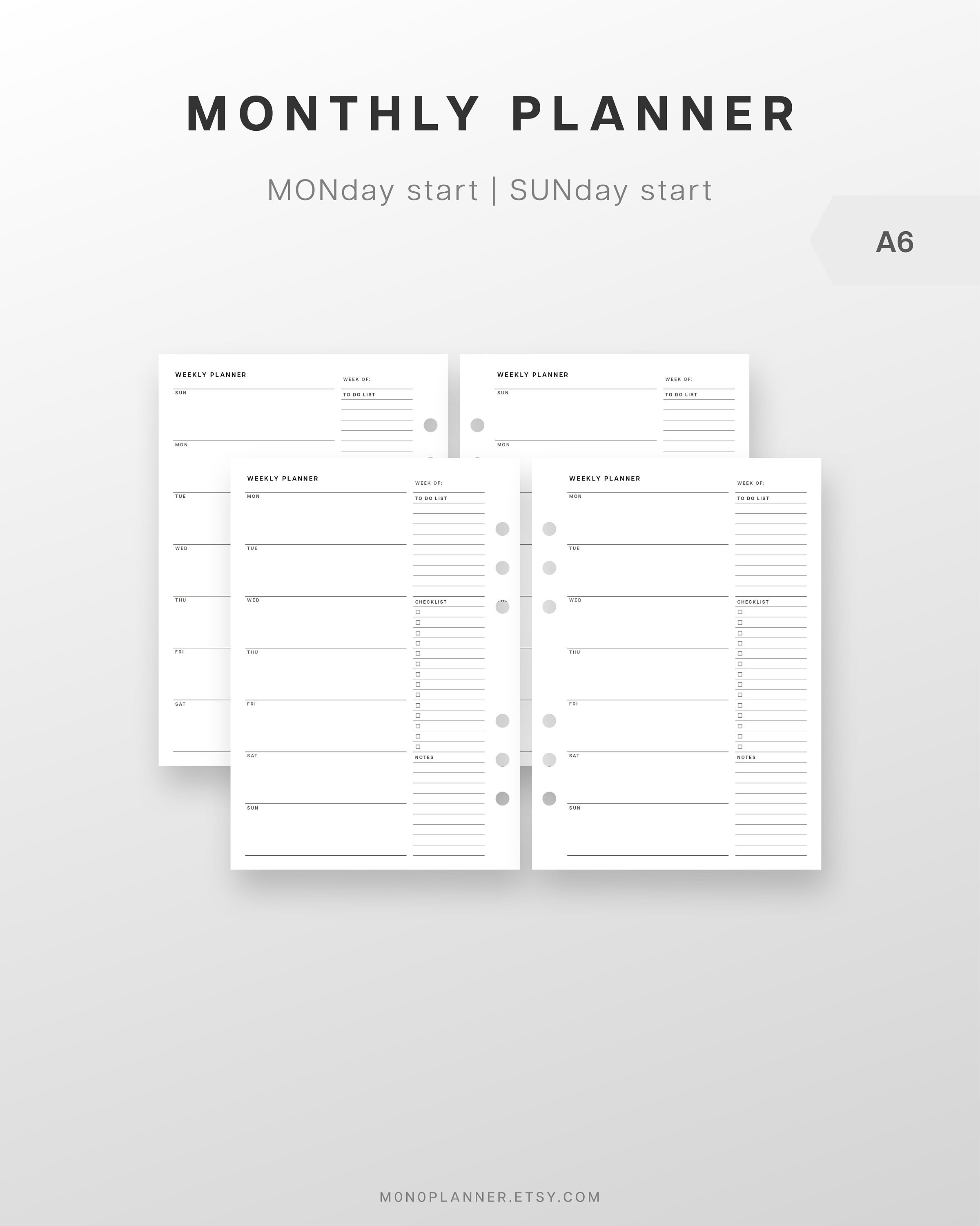 A6 Undated Weekly Printable Planner PDF Week on One Page Weekly Agenda ...