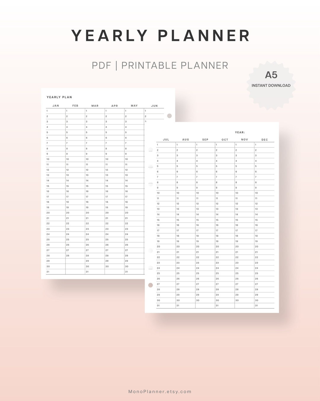 A5 Yearly Printable Planner Inserts Year at a Glance Yearly Planner on ...